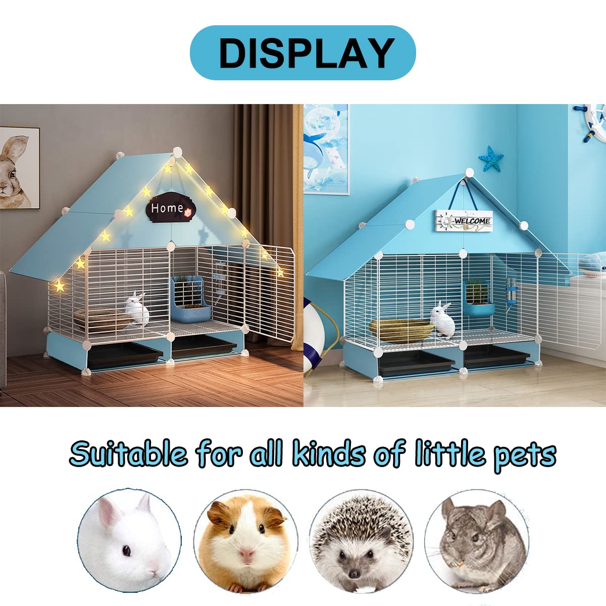 Rabbit Cage Indoor Bunny Hutch 2 Tier Large Guinea Pig Hamster House Small Animals Outdoor Pet with Removable Pull-Out Trays Waterproof Roof Accessories for Ferret Chinchilla Hedgehog,Blue