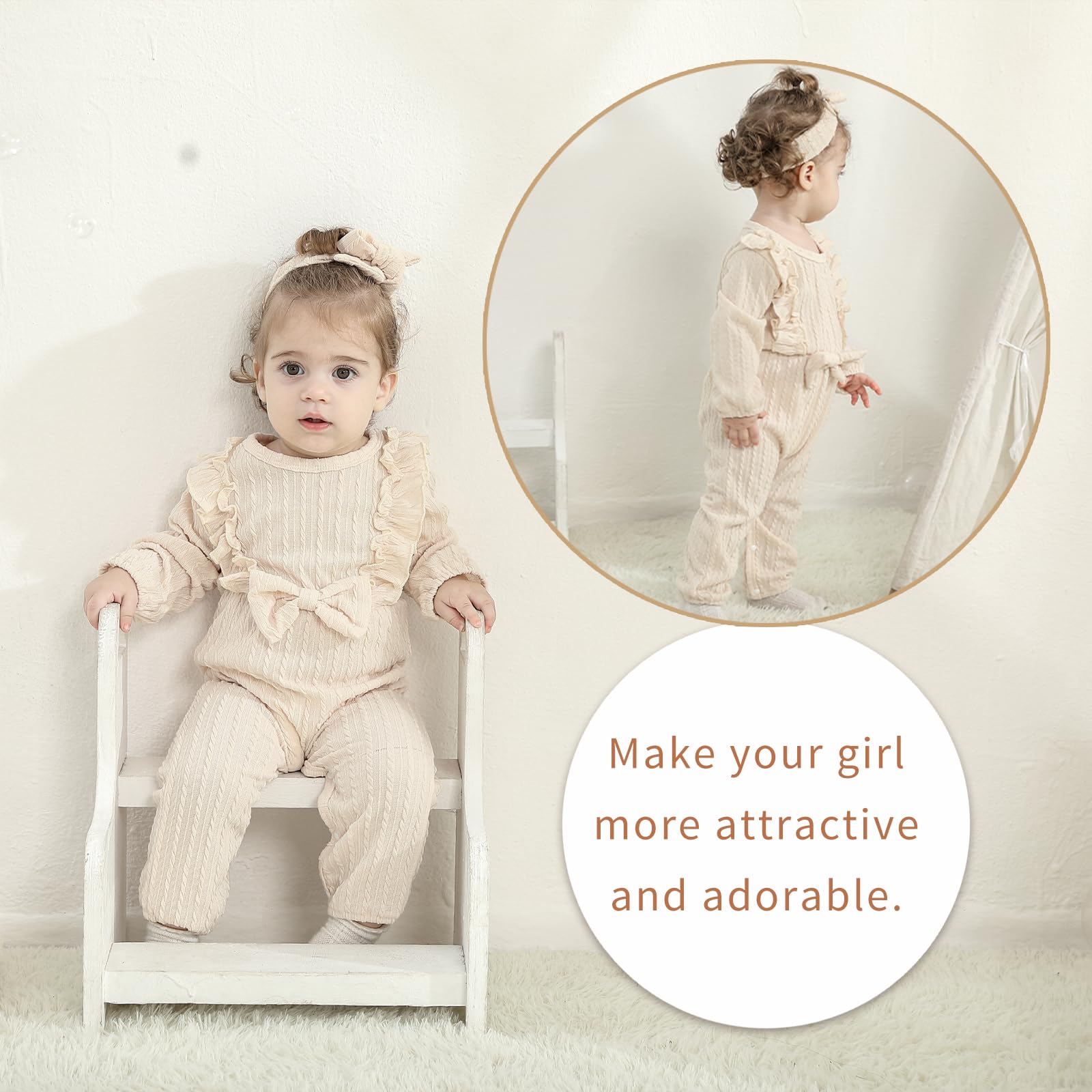 Happy Town Baby Girl Romper Infant Fall Winter Clothes Ruffle Sweater Long Sleeve Bodysuit Jumpsuit and Headband (Beige, 3-6 Months)