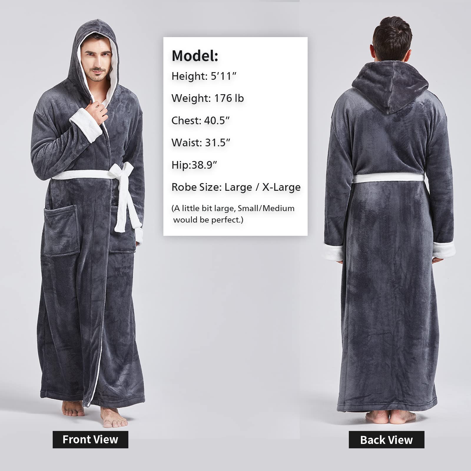 FashGudim Mens Robes Big and Tall with Hood Two-Tone Flannel Fleece Contrast Bathrobe Full Length Plush Long Robe Warm House Coat (Grey & White, XXL)