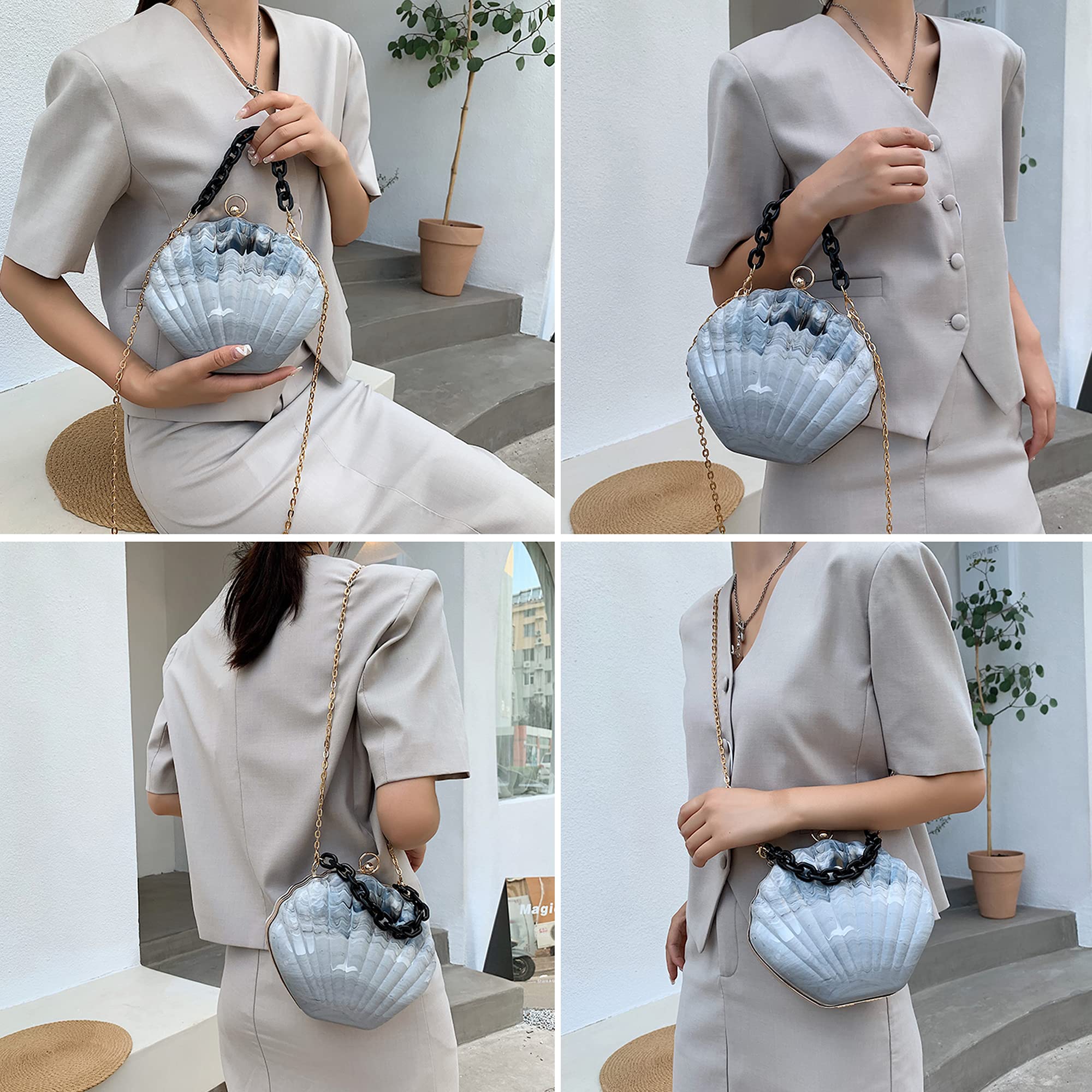 Felice Ann Women Mini Seashell Evening Clutch Handbag Top-Handle Bag Chain Strap Cross-body Shoulder Bag Print Grey