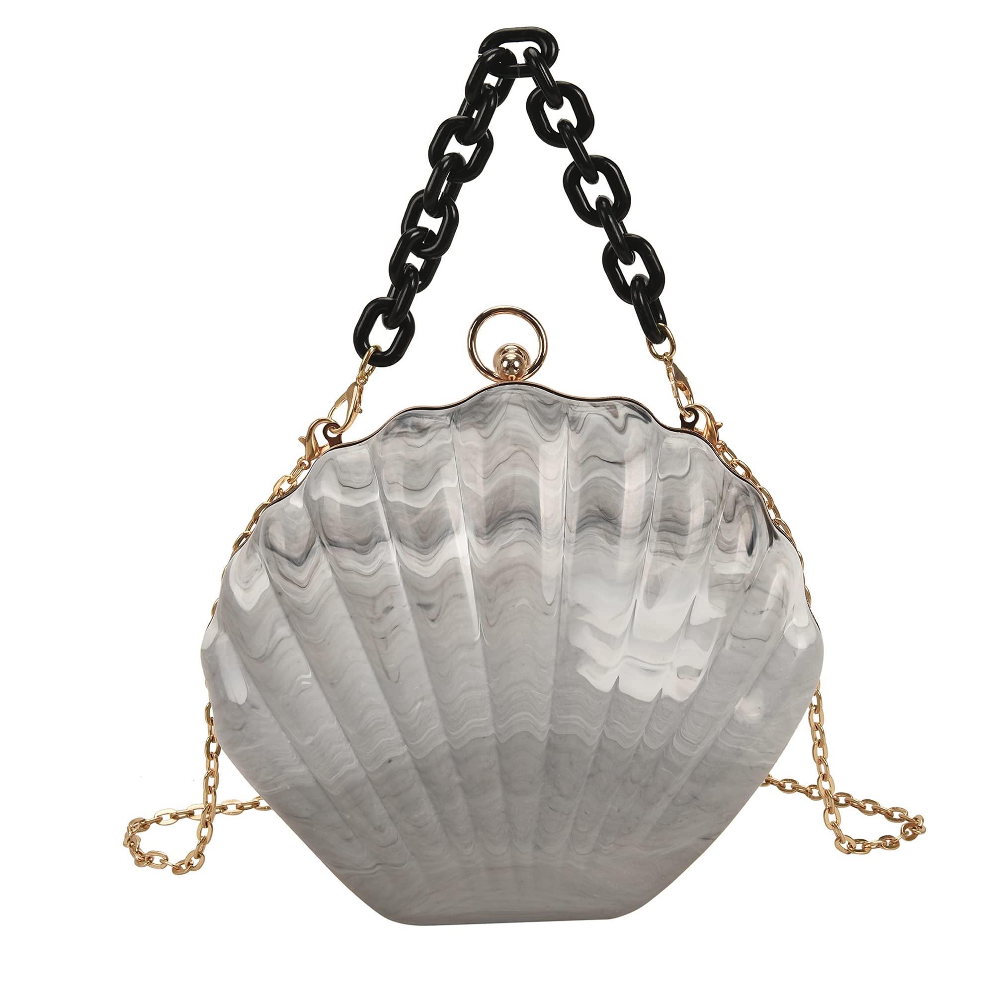 Felice Ann Women Mini Seashell Evening Clutch Handbag Top-Handle Bag Chain Strap Cross-body Shoulder Bag Print Grey