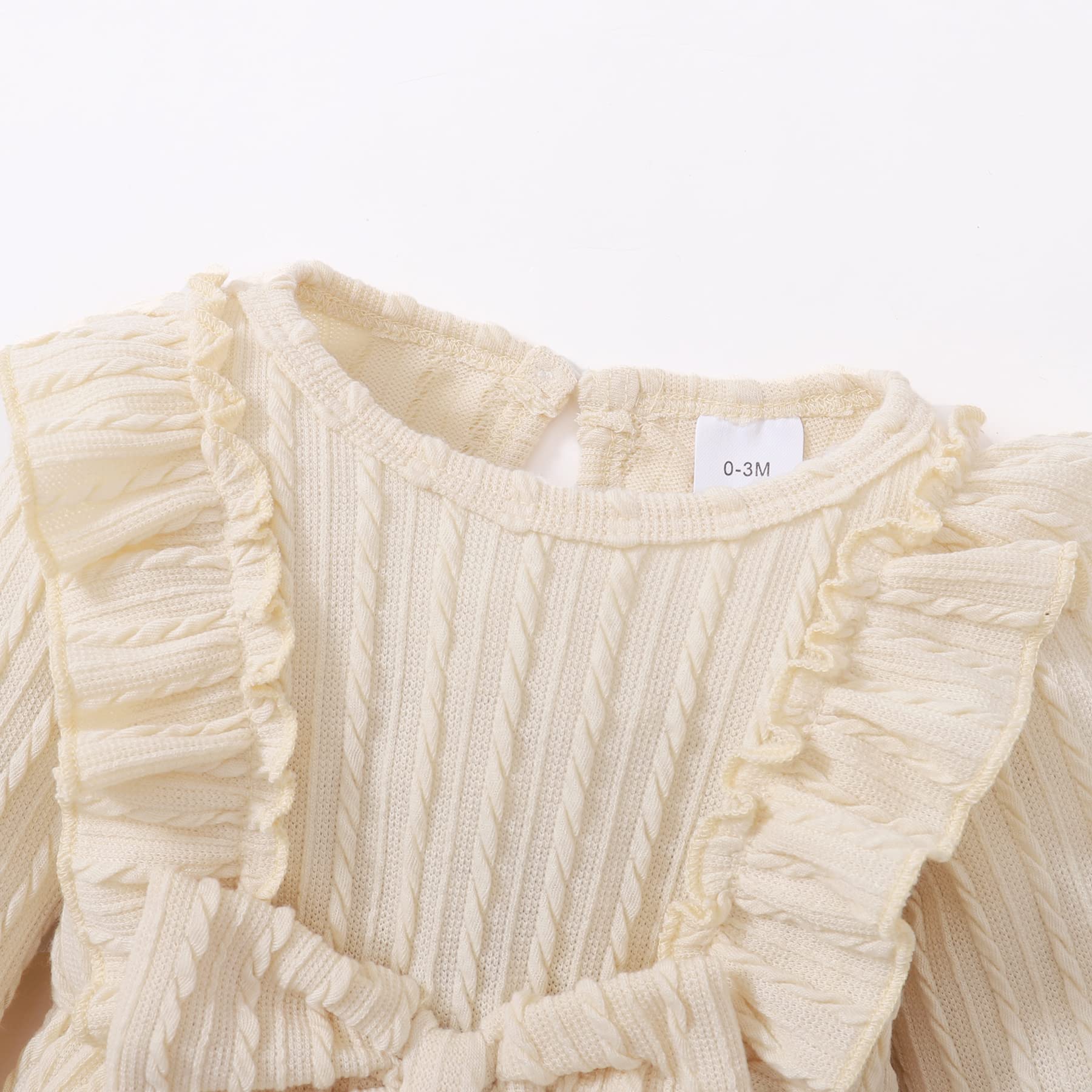 Happy Town Baby Girl Romper Infant Fall Winter Clothes Ruffle Sweater Long Sleeve Bodysuit Jumpsuit and Headband (Beige, 3-6 Months)