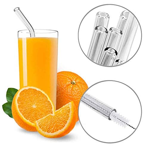 Reusable Drinking Straws Glass Clear 12-Pack, with 4 Cleaning Brush Size 8.5''x10 MM Set of 6 Straight and 6 Bent - Perfect for Cocktail Glass, Smoothies, Tea, Juice, Milkshakes