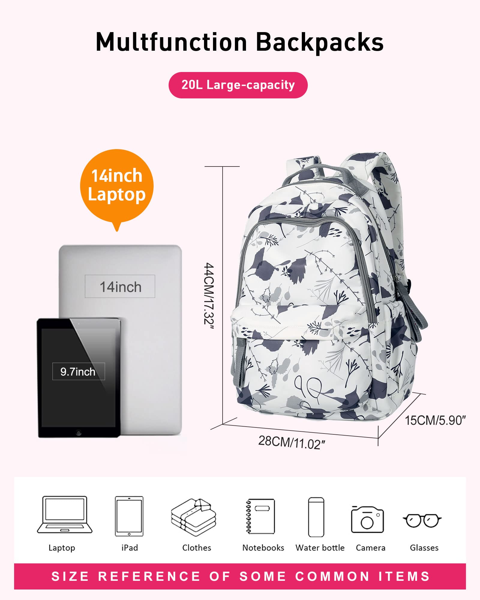 CAMILLEMMA White Backpack for Women Men, Lightweight Casual Travel Daypack,Classic Basic Backpack