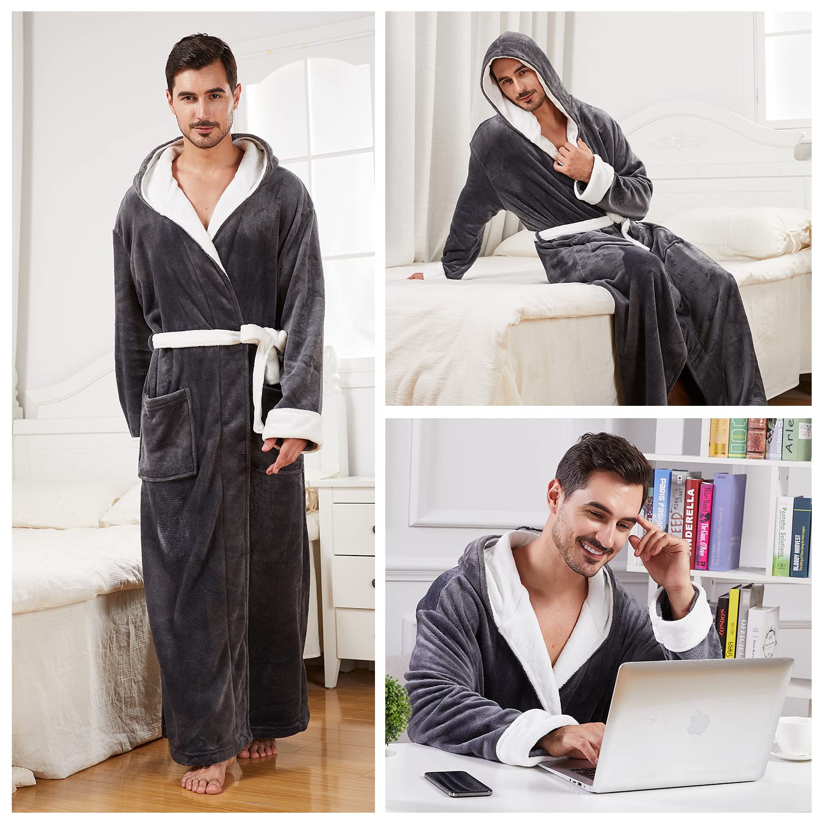 FashGudim Mens Robes Big and Tall with Hood Two-Tone Flannel Fleece Contrast Bathrobe Full Length Plush Long Robe Warm House Coat (Grey & White, XXL)