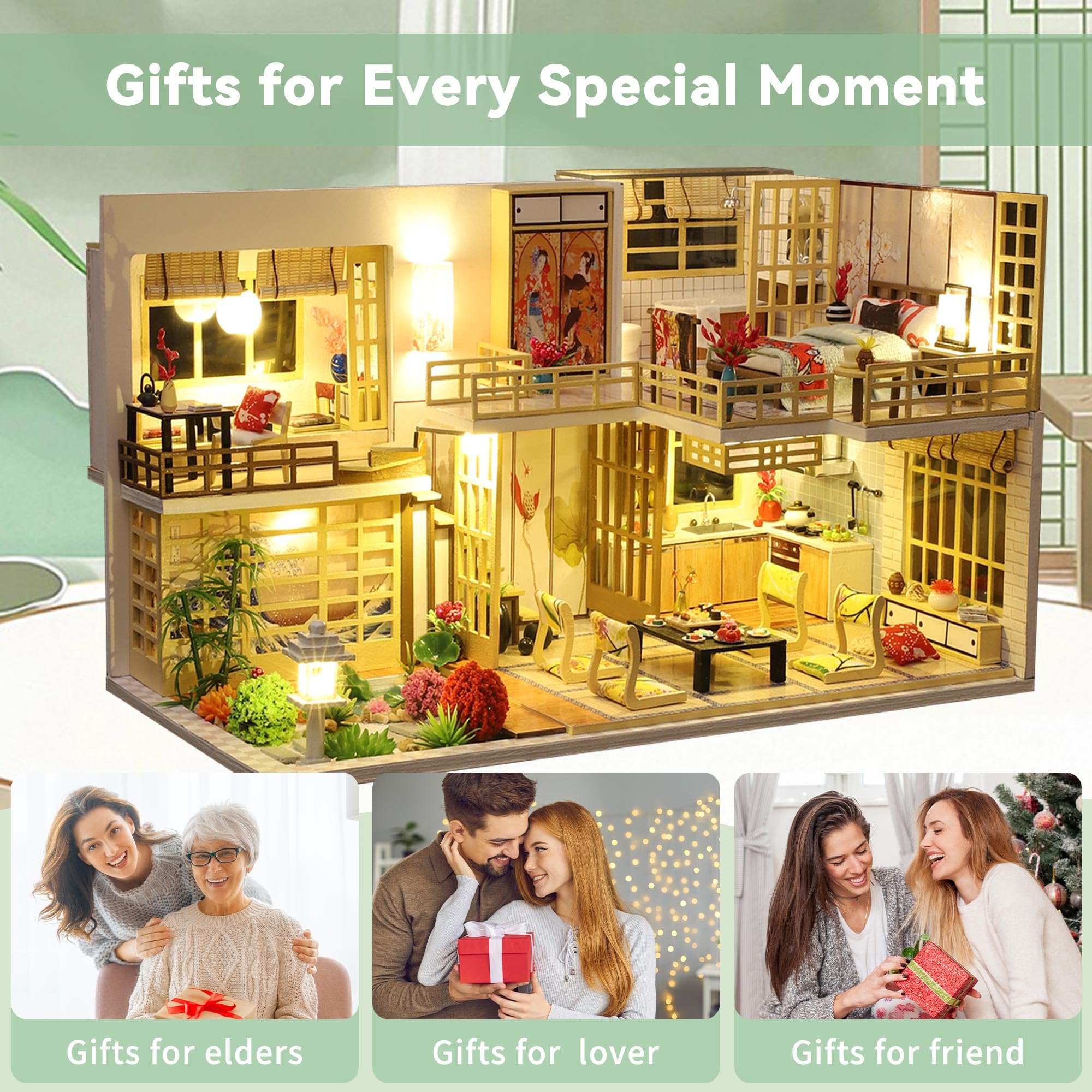 Flever Dollhouse Miniature DIY House Kit with Japanese Style, Creative Room with Furniture for Romantic Valentine's Gift (Quiet and Elegant Residence)