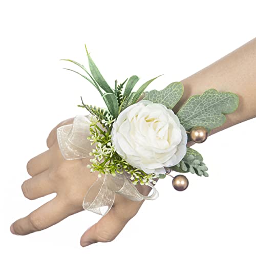 MYQNS Rose Wrist Corsage Women Bride Bridesmaid Hand Flower Wristlet Band Bracelet for White Wedding Party Proom Artificial Flower Accessories Decorations