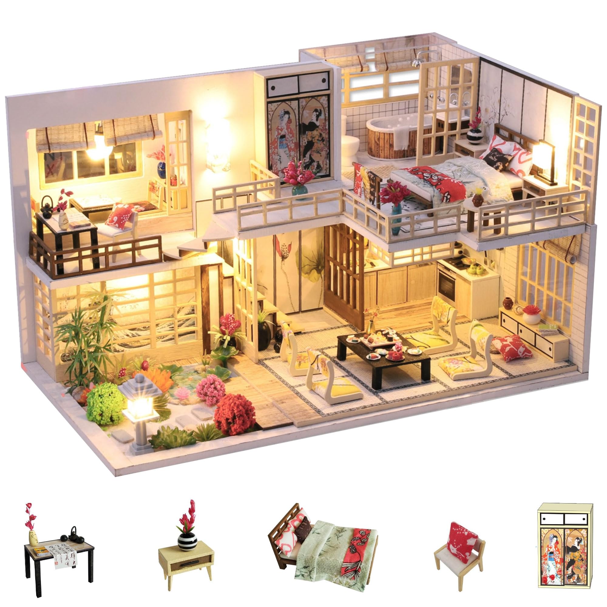 Flever Dollhouse Miniature DIY House Kit with Japanese Style, Creative Room with Furniture for Romantic Valentine's Gift (Quiet and Elegant Residence)