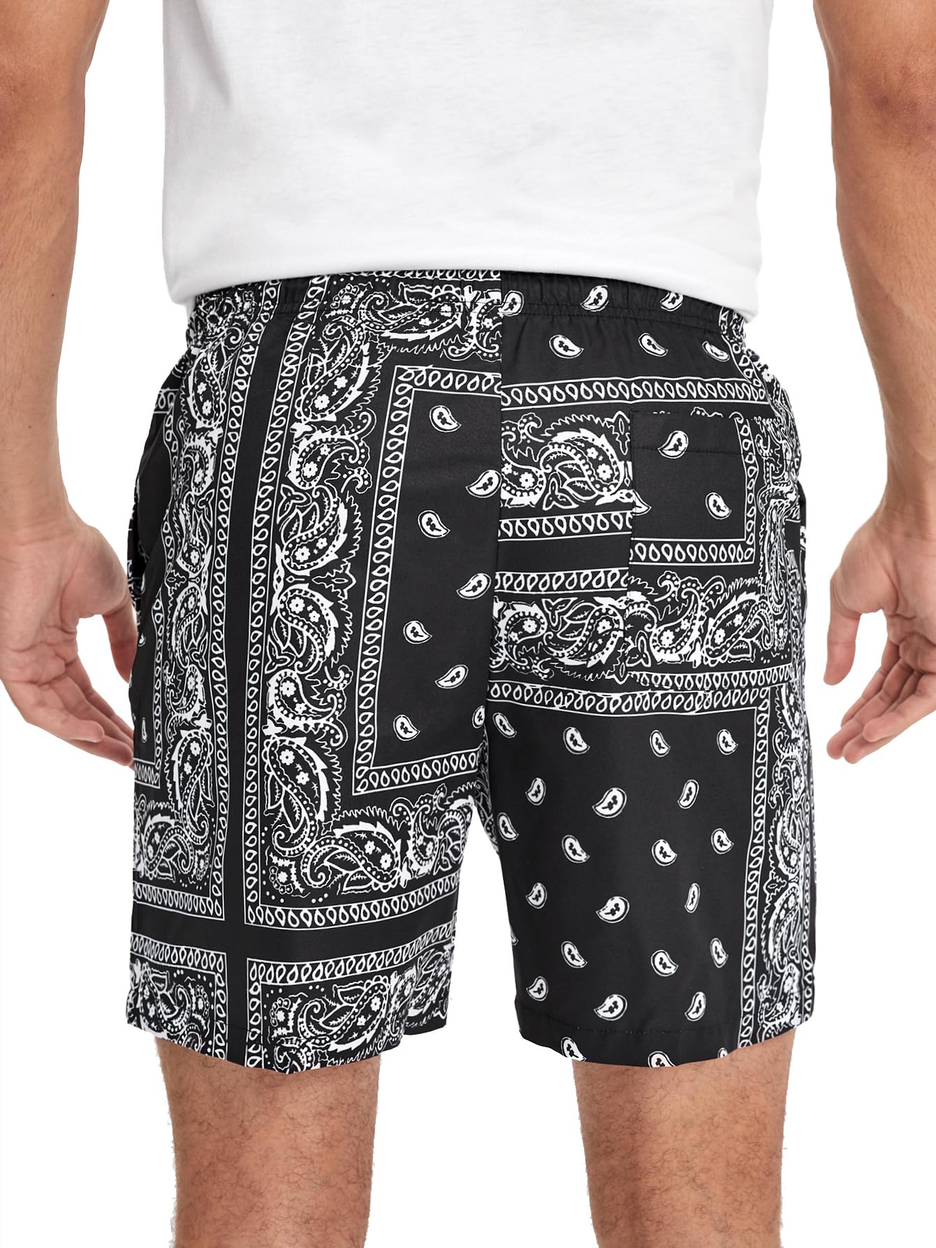 Floerns Men's Boho Tribal Print Drawstring Waist Summer Shorts with Pocket Black & White Paisley S