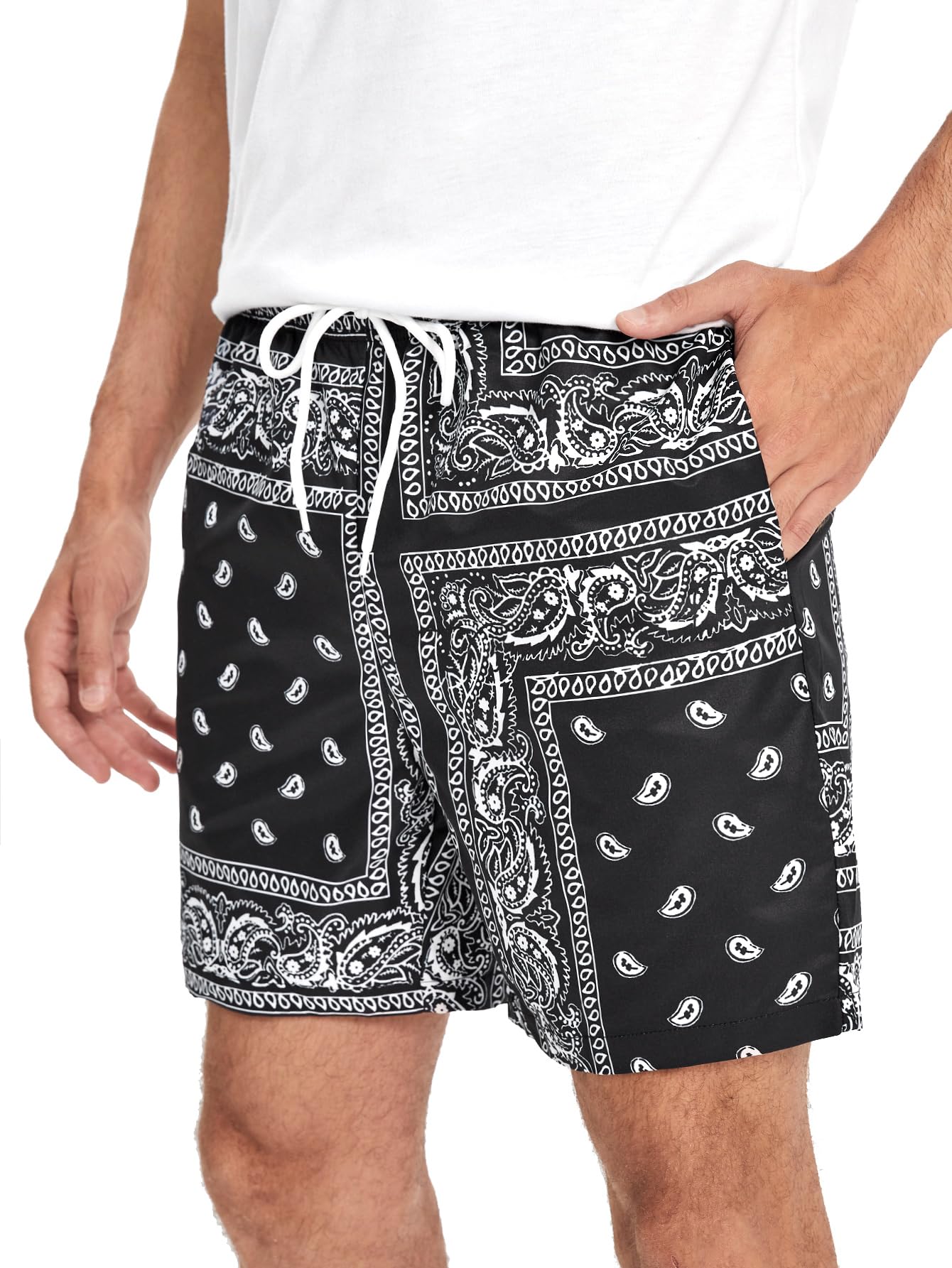 Floerns Men's Boho Tribal Print Drawstring Waist Summer Shorts with Pocket Black & White Paisley S