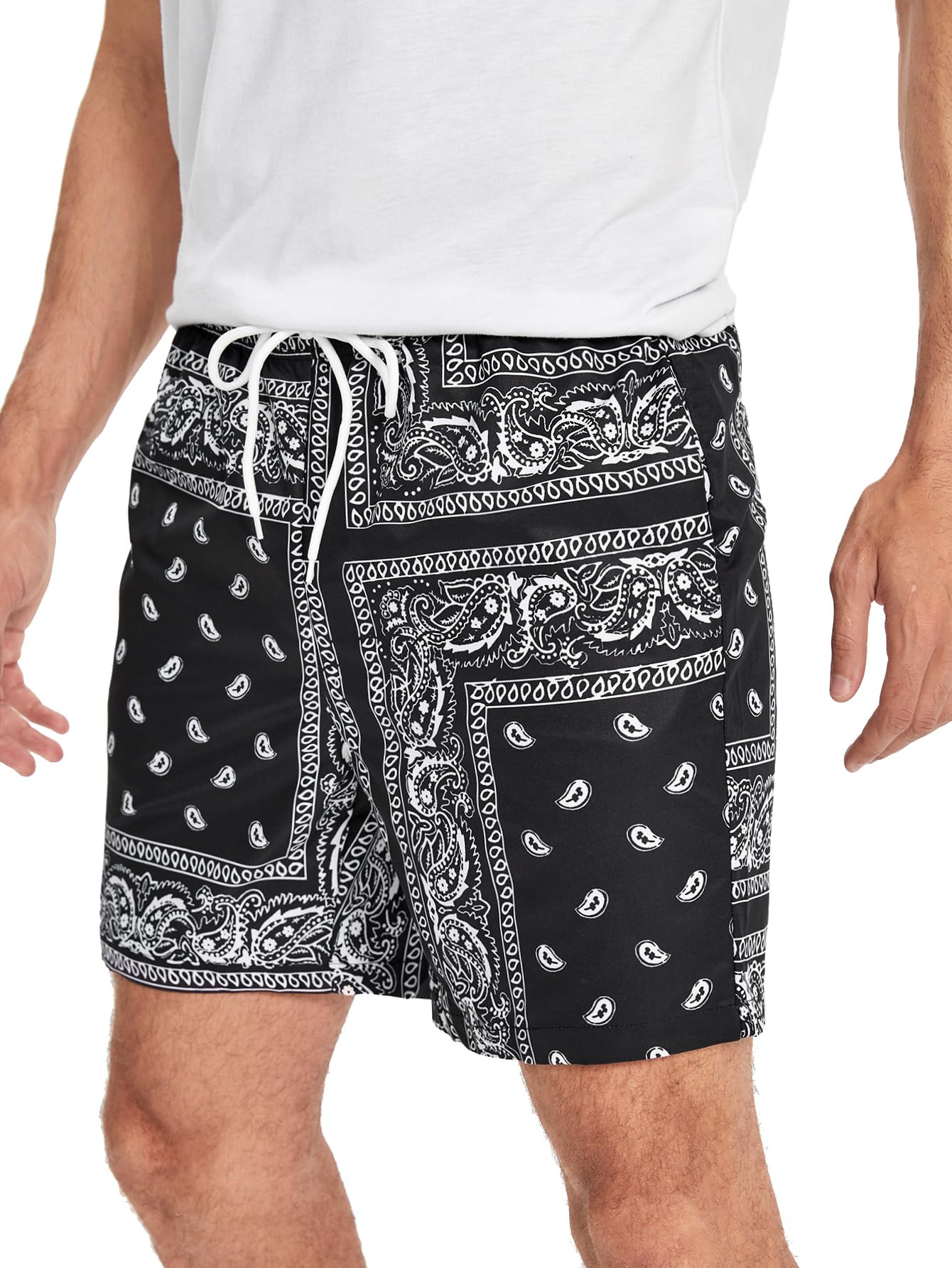Floerns Men's Boho Tribal Print Drawstring Waist Summer Shorts with Pocket Black & White Paisley S