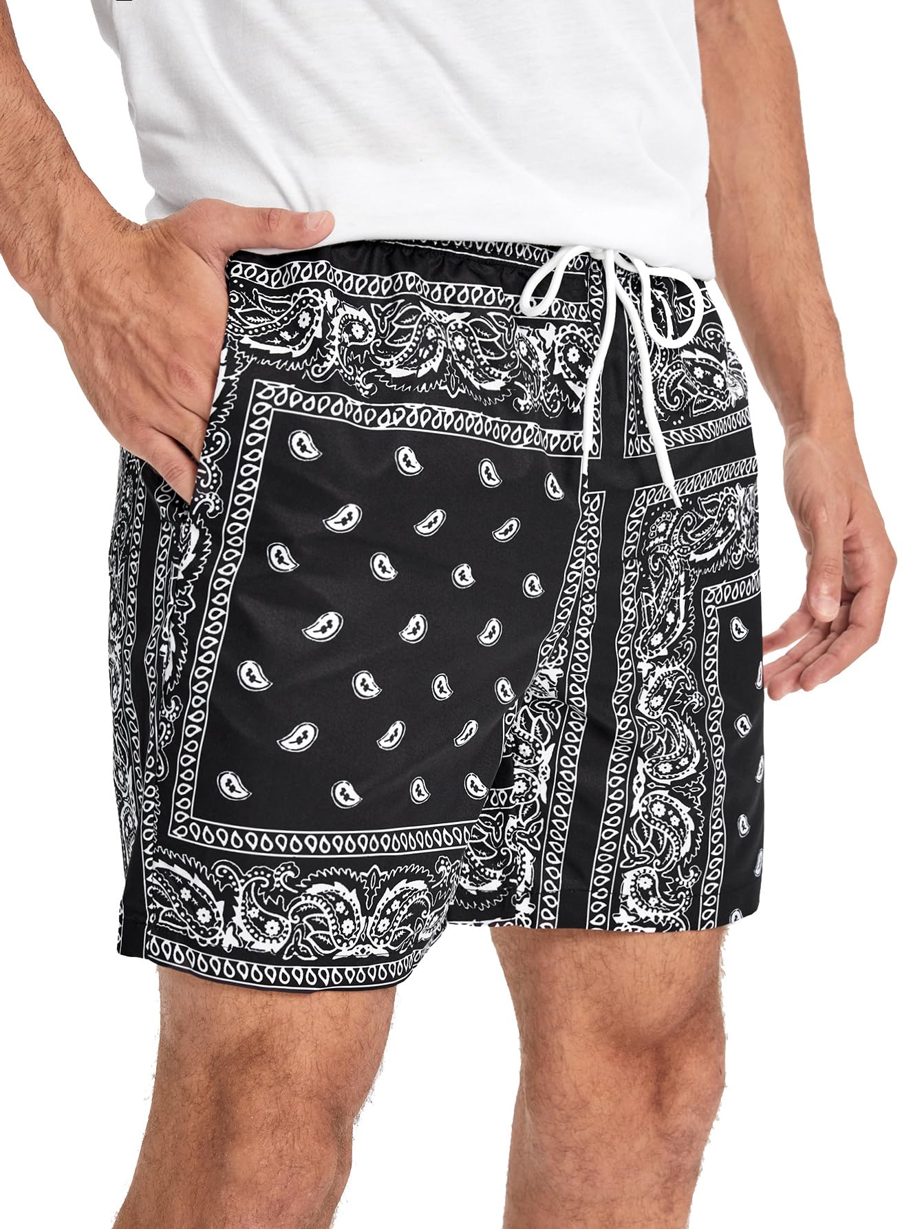 Floerns Men's Boho Tribal Print Drawstring Waist Summer Shorts with Pocket Black & White Paisley S