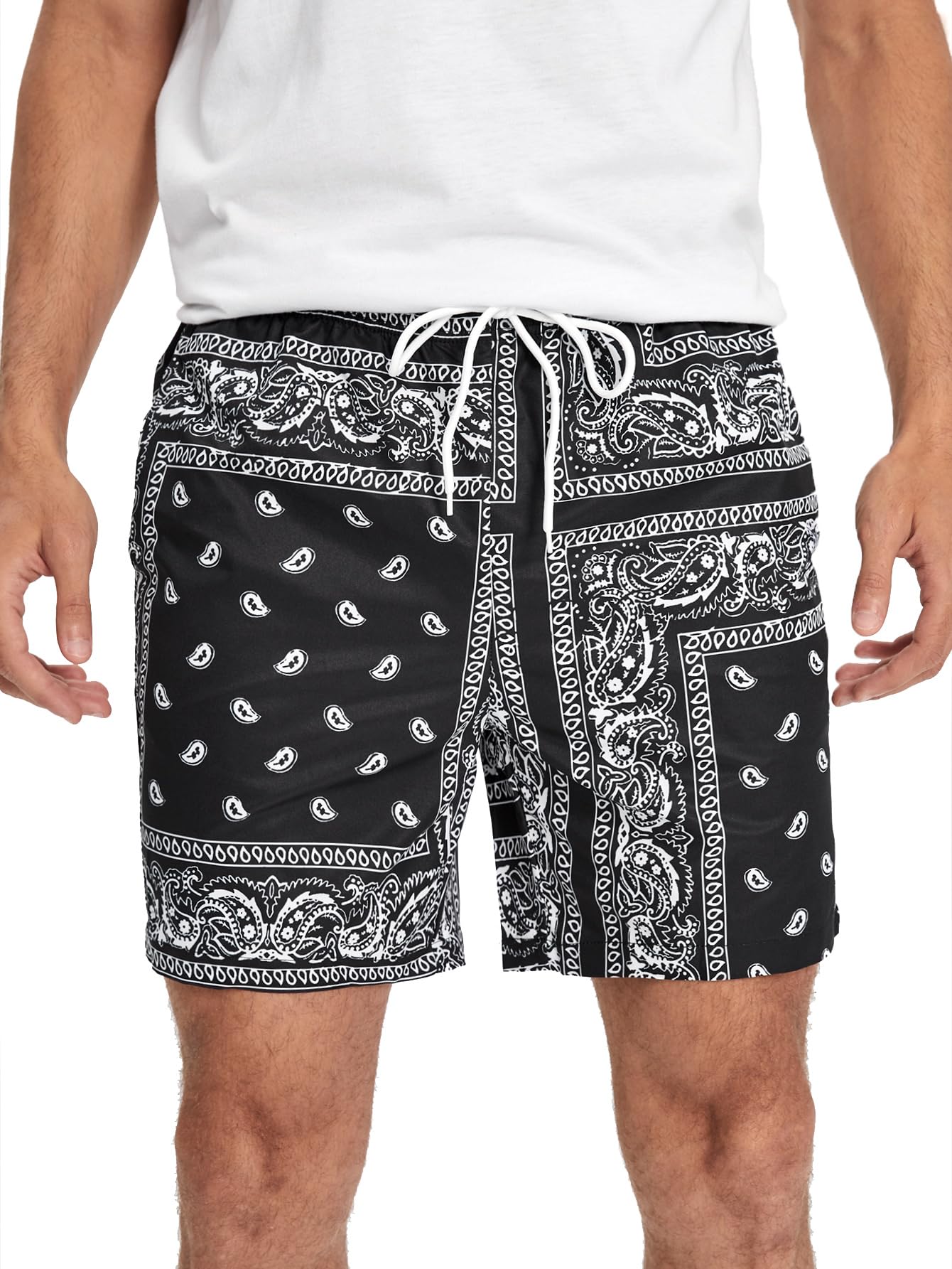 Floerns Men's Boho Tribal Print Drawstring Waist Summer Shorts with Pocket Black & White Paisley S