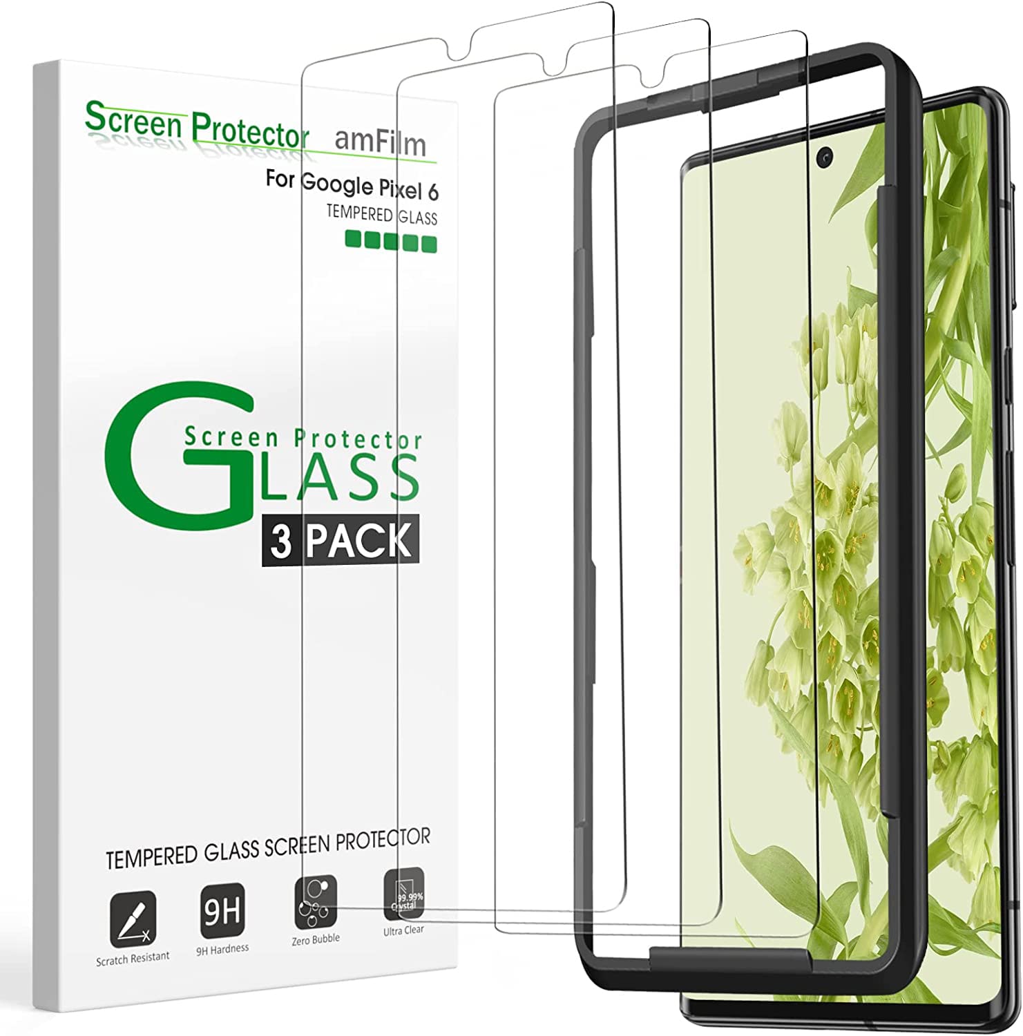 amFilm Screen Protector for Google Pixel 6, 0.26mm Thickness HD Clear, Anti-Scratch Bubbles-Free, Tempered Glass, 3 Pack