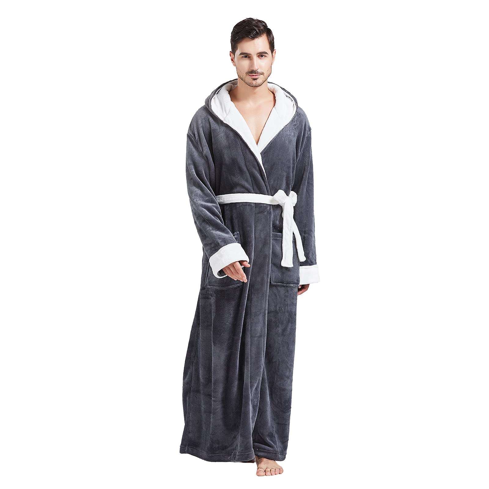 FashGudim Mens Robes Big and Tall with Hood Two-Tone Flannel Fleece Contrast Bathrobe Full Length Plush Long Robe Warm House Coat (Grey & White, XXL)