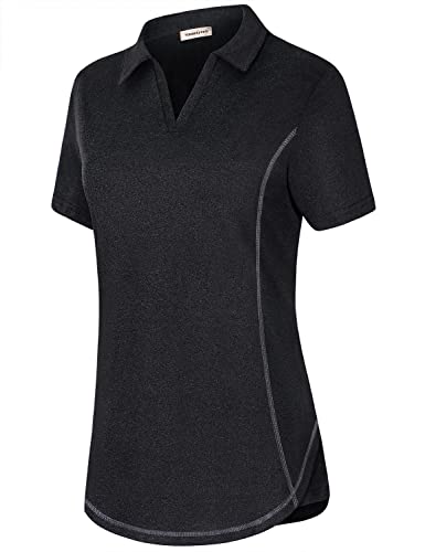 Yakestyle Women's V Neck Golf Shirt Short Sleeve Athletic Quick Dry Moisture Tennis Wicking Yoga Polo, Black, Large