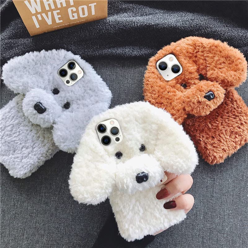 Losin Compatible with iPhone 13 Case Cute Plush Furry Dog Phone Case for Women Girls Girly 3D Cartoon Kawaii Case Soft TPU Shockproof Protective Cover White