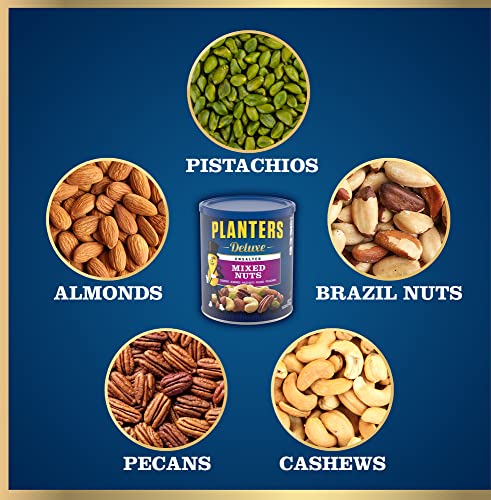PLANTERS Deluxe Mixed Nuts with Hazelnuts, 15.25 oz. Resealable Canister - Cashews, Almonds, Hazelnuts, Pistachios & Pecans Roasted in Peanut Oil with Sea Salt - Kosher Savory Snack