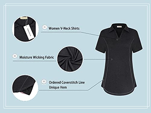 Yakestyle Women's V Neck Golf Shirt Short Sleeve Athletic Quick Dry Moisture Tennis Wicking Yoga Polo, Black, Large