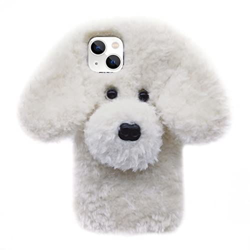 Losin Compatible with iPhone 13 Case Cute Plush Furry Dog Phone Case for Women Girls Girly 3D Cartoon Kawaii Case Soft TPU Shockproof Protective Cover White