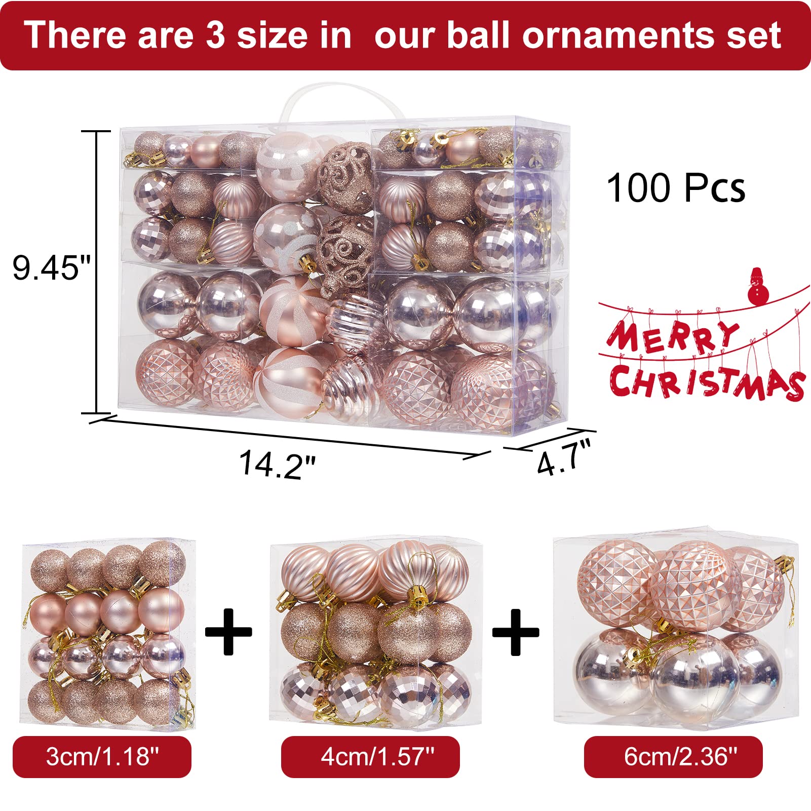 100PCS Shatterproof Christmas Tree Ball Ornaments, Assorted Baubles Set with Glitter - For Holiday Decor