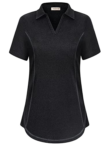 Yakestyle Women's V Neck Golf Shirt Short Sleeve Athletic Quick Dry Moisture Tennis Wicking Yoga Polo, Black, Large