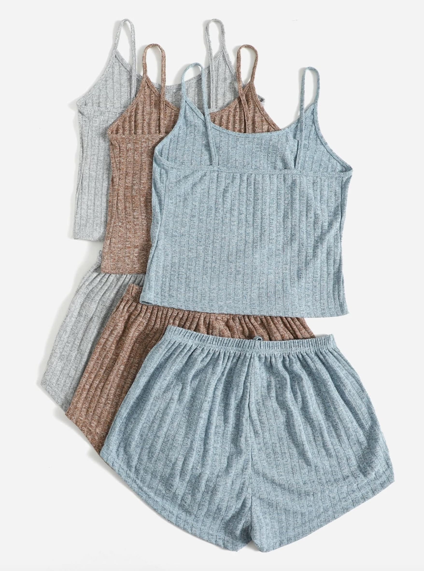 SheIn Women's 3 Sets Rib Knit Lounge Set Crop Cami Top and Tie Front Shorts Sleepwear Pajama Set Multicoloured Large