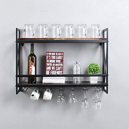MBQQ Rustic Wall Mounted Wine Racks with 7 Stem Glass Holder,30in Industrial Metal Hanging Wine Rack,2-Tiers Wood Shelf Floating Shelves,Home Room Living Room Kitchen Decor Display Rack,Retro Black