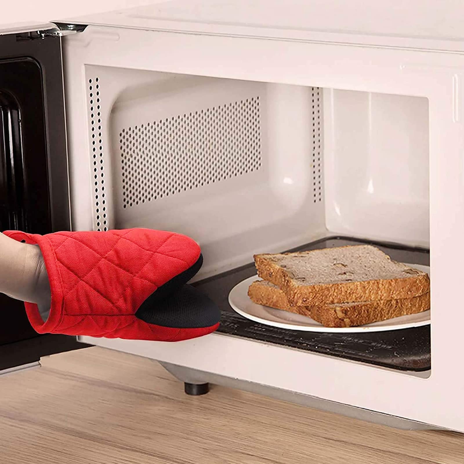 1 Pair Short Oven Mitts, Heat Resistant Silicone Kitchen Mini Oven Mitts for 500 Degrees, Non-Slip Grip Surfaces and Hanging Loop Gloves, Baking Grilling Barbecue Microwave Machine Washable