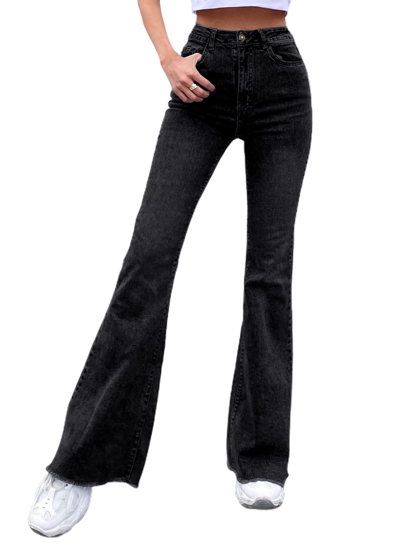 Floerns Women's High Waisted Flare Jeans Frayed Raw Hem Bell Bottom Denim Pants Black L