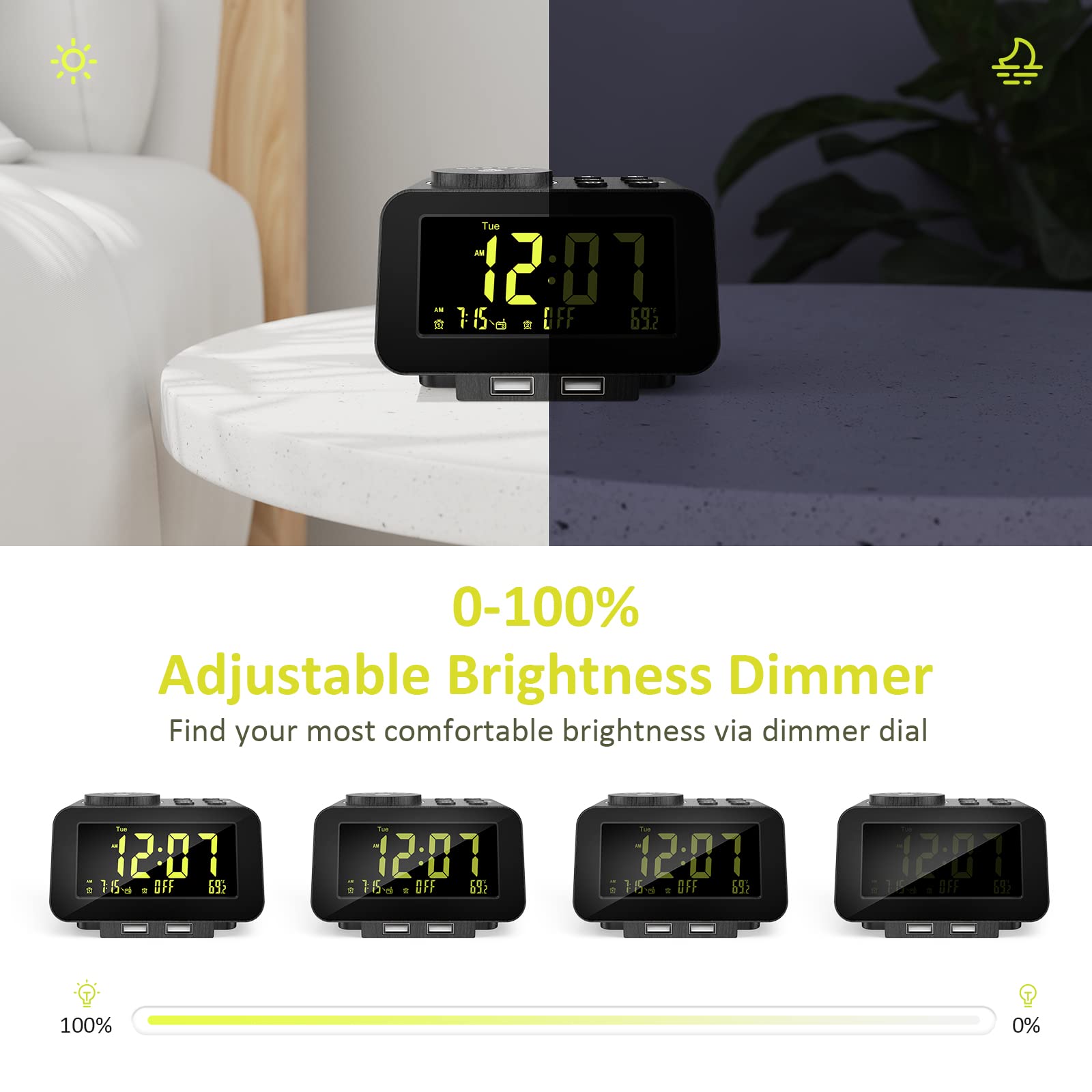 uscce Alarm Clock Radio for Bedroom - 0-100% Dimmer, 2 USB Chargers, Dual Alarm with Weekday/Weekend Mode, FM Radio w/Auto-Off Timer, Battery Backup, Loud Alarm Clock for Heavy Sleeper(Wood Grain)