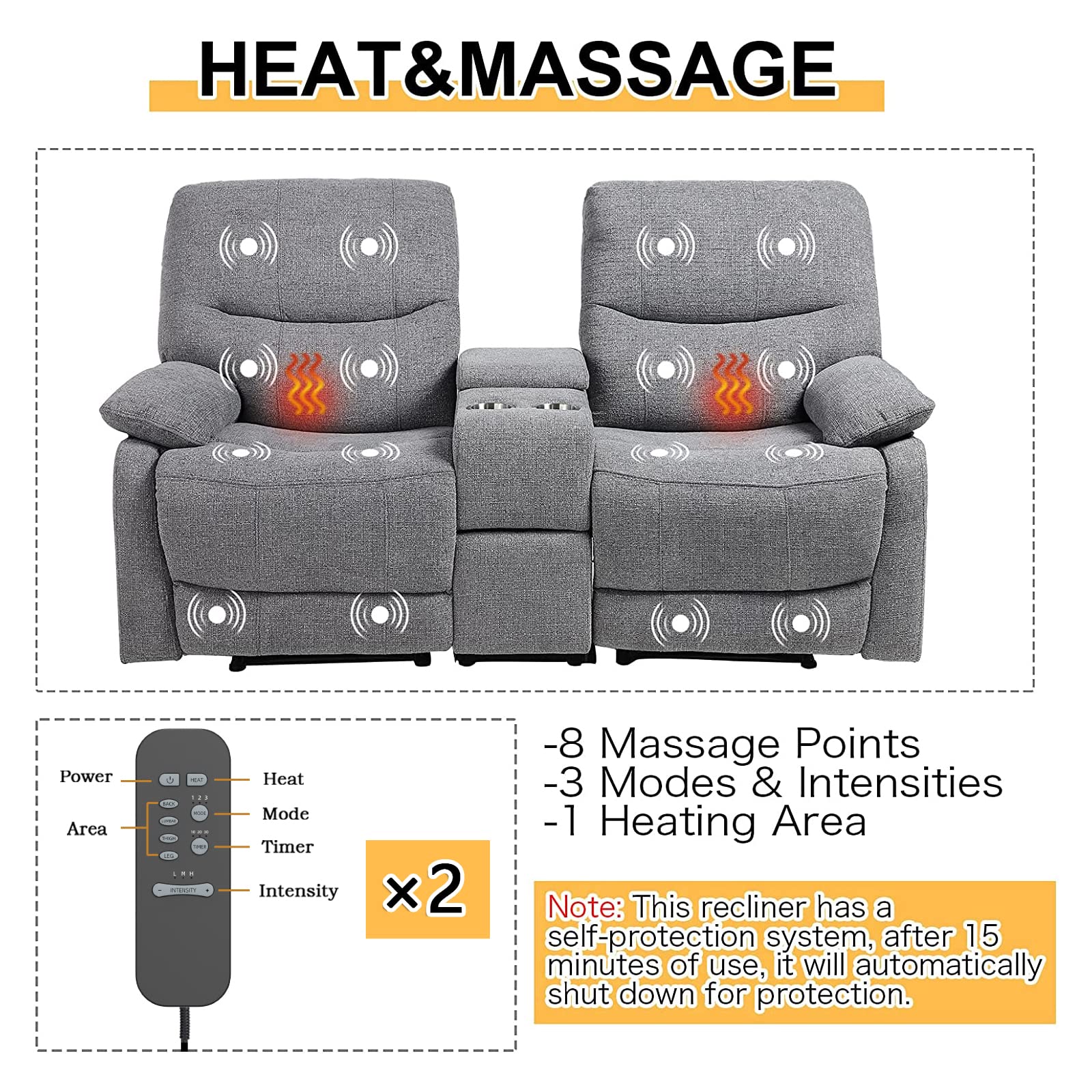 VUYUYU Reclining Sofa, Double Reclining Loveseat with Console, 2 Seater Sofa Home Theater Seating, Fabric Recliner Sofa Couches with Storage and Cup Holders (Gray)