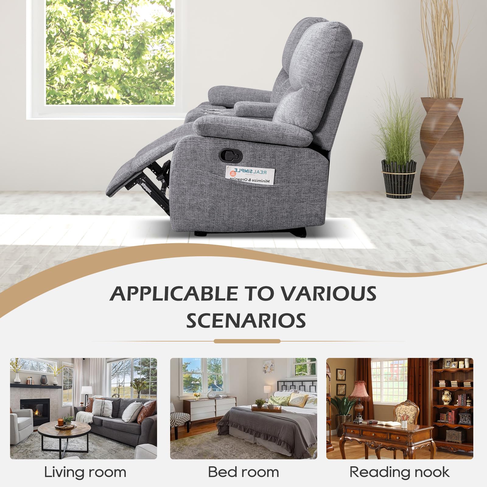 VUYUYU Reclining Sofa, Double Reclining Loveseat with Console, 2 Seater Sofa Home Theater Seating, Fabric Recliner Sofa Couches with Storage and Cup Holders (Gray)