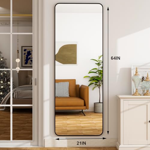 HARRITPURE Full Length Mirror 64"x21" Rounded Corner Aluminum Frame Black Full Body Floor Mirror Rectangle Standing Mirrors for Living Room Bedroom Cloakroom