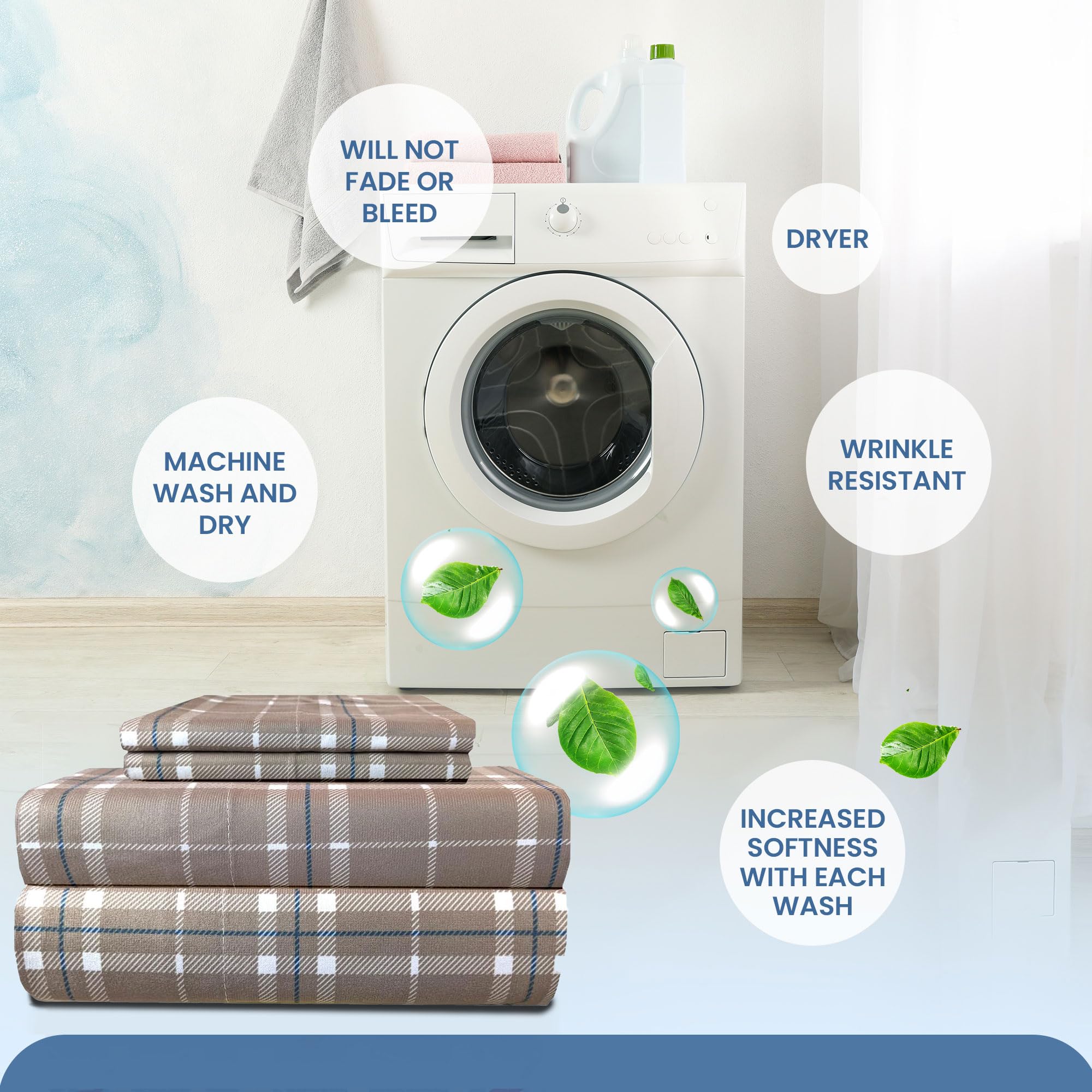 Thermee Micro Flannel Full-Size Sheet Set, Machine Wash & Dry, No Pilling, 16" Deep Pocket, 2 Pillowcases, Fashion Plaid Bark