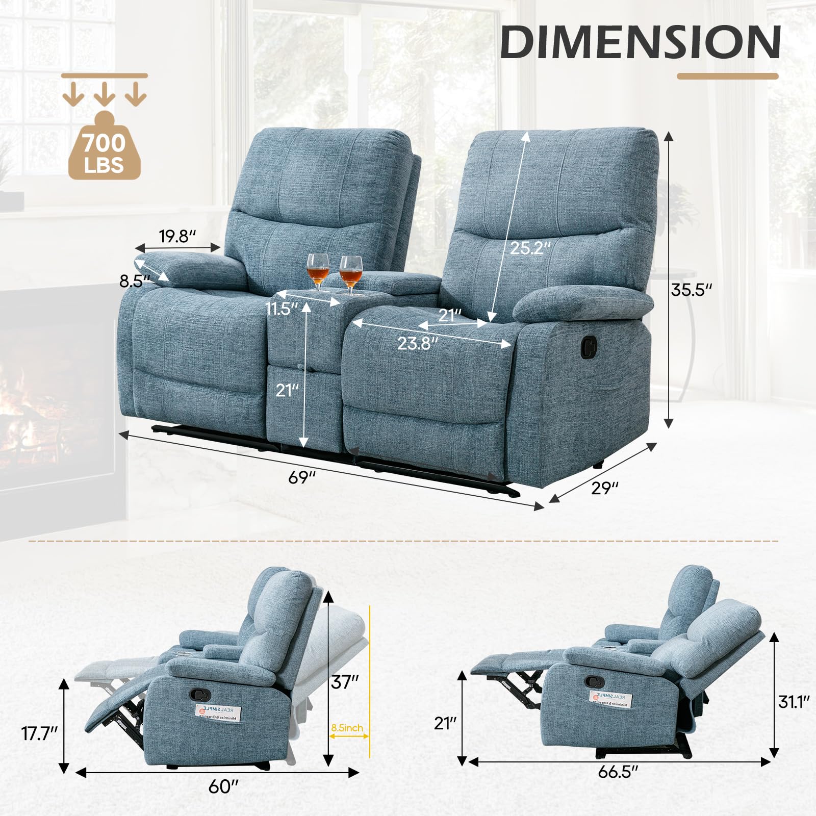 VUYUYU Reclining Sofa, Double Reclining Loveseat with Console, 2 Seater Sofa Home Theater Seating, Fabric Recliner Sofa Couches with Storage and Cup Holders (Blue)