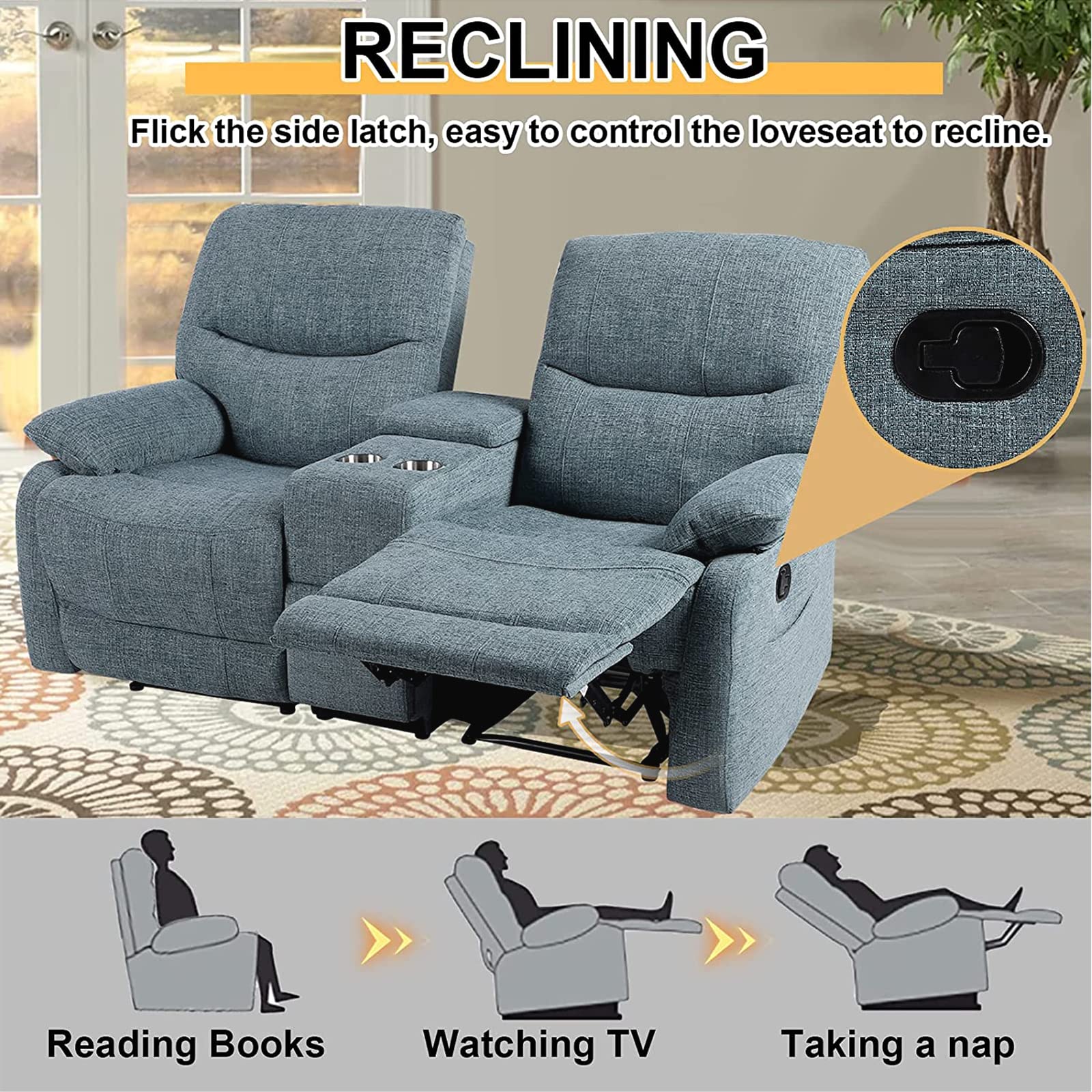 VUYUYU Reclining Sofa, Double Reclining Loveseat with Console, 2 Seater Sofa Home Theater Seating, Fabric Recliner Sofa Couches with Storage and Cup Holders (Blue)