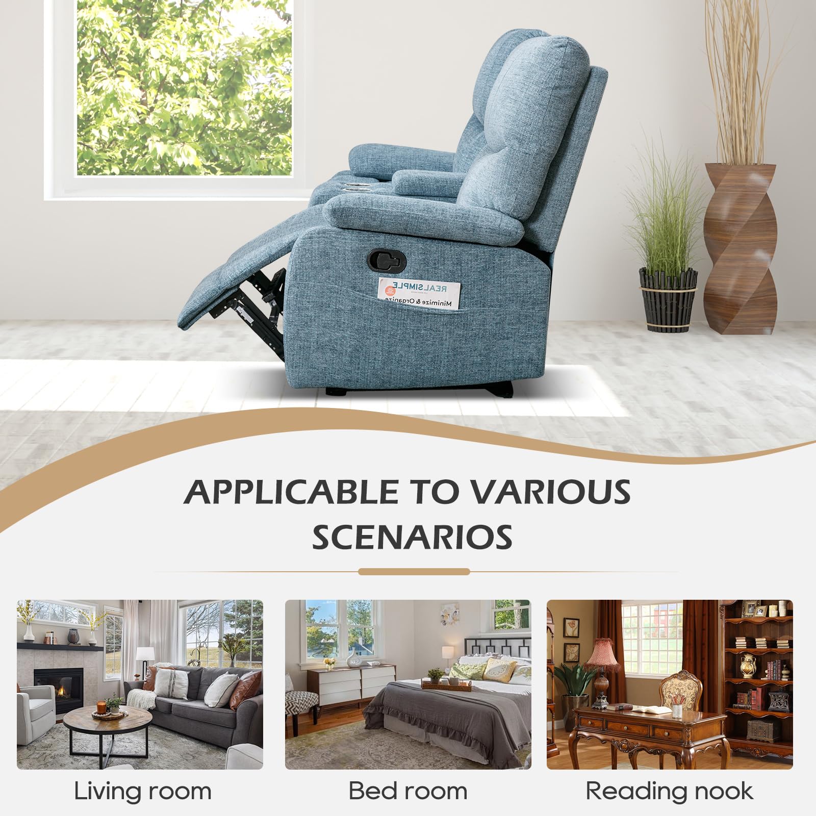 VUYUYU Reclining Sofa, Double Reclining Loveseat with Console, 2 Seater Sofa Home Theater Seating, Fabric Recliner Sofa Couches with Storage and Cup Holders (Blue)