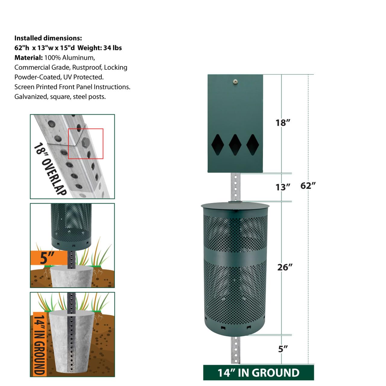 5' Tall Rust Proof Aluminum Low Profile Dog Waste Station for Roll Bags (most popular bags) with 400 waste bags & 25 can liners (Matte Black)