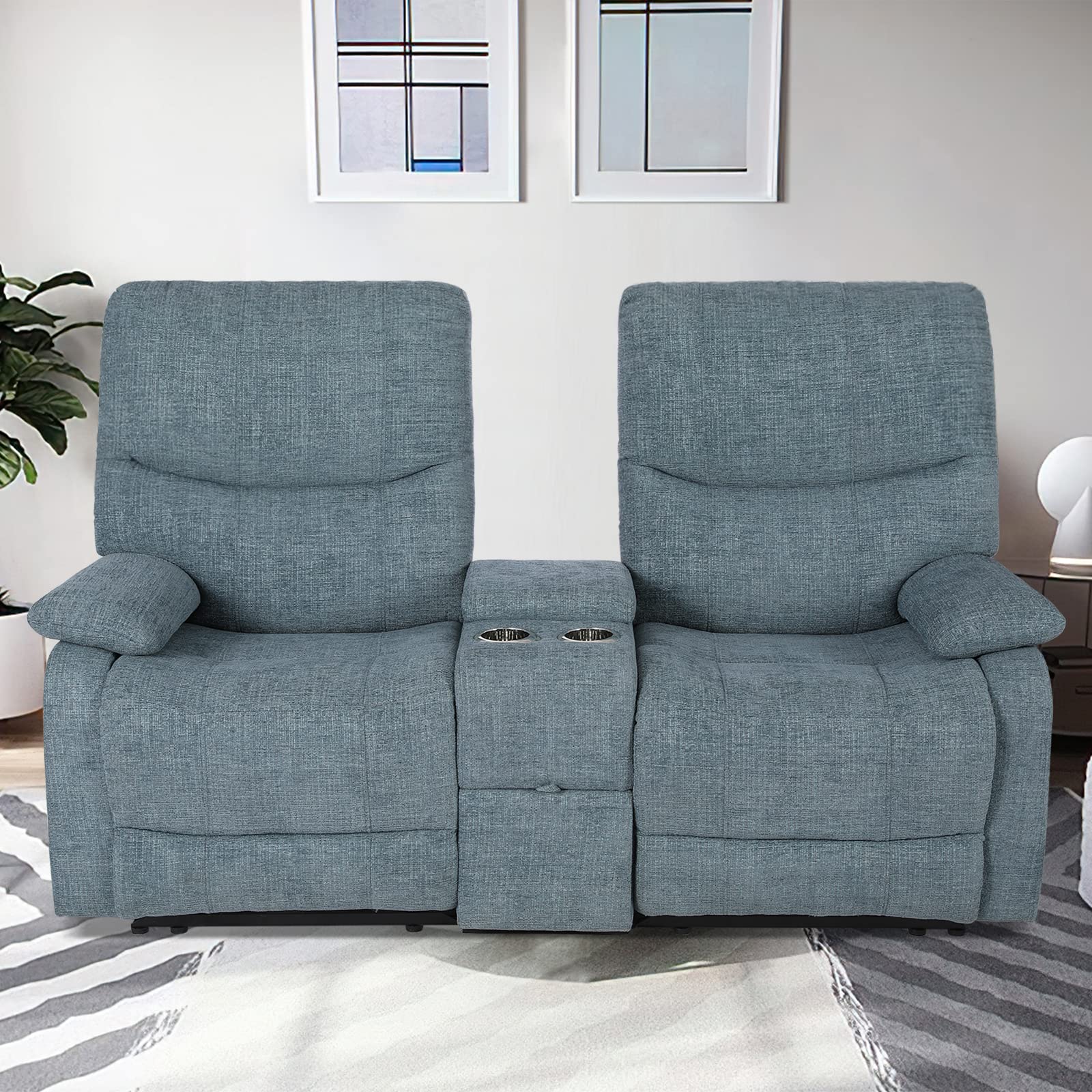 VUYUYU Reclining Sofa, Double Reclining Loveseat with Console, 2 Seater Sofa Home Theater Seating, Fabric Recliner Sofa Couches with Storage and Cup Holders (Blue)