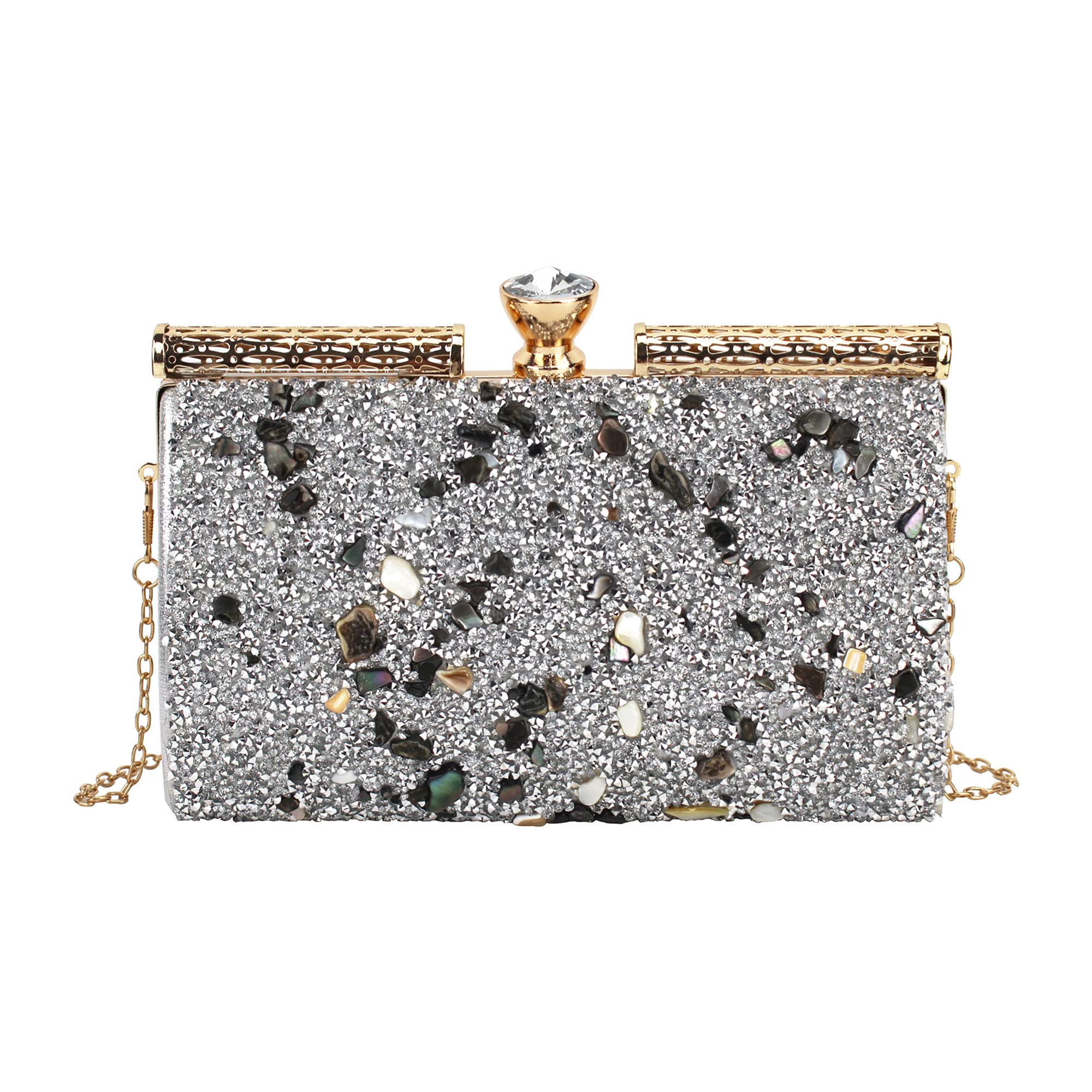 Felice Ann Glitter Rhinestone Sequins Evening Clutch Handbag Chain Strap Crossbody Shoulder Bag, Silver