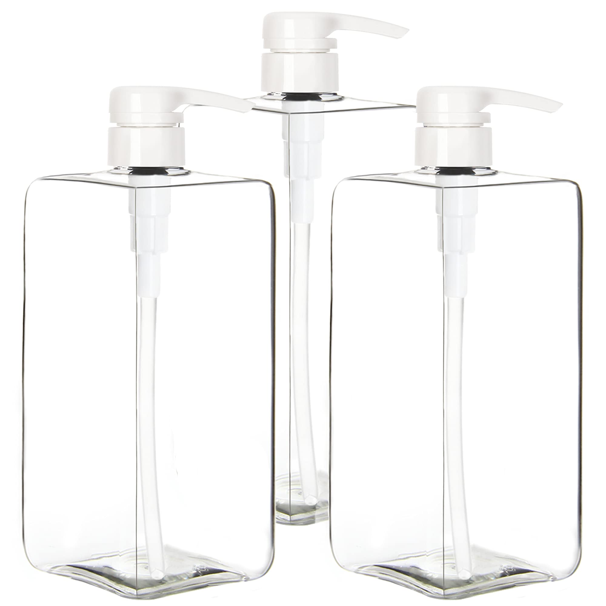 Youngever 3 Pack Pump Bottles for Shampoo 32 Ounce (1 Liter), Square Empty Shampoo Pump Bottles, Plastic Cylinder with Lockdown Leak Proof Pumps