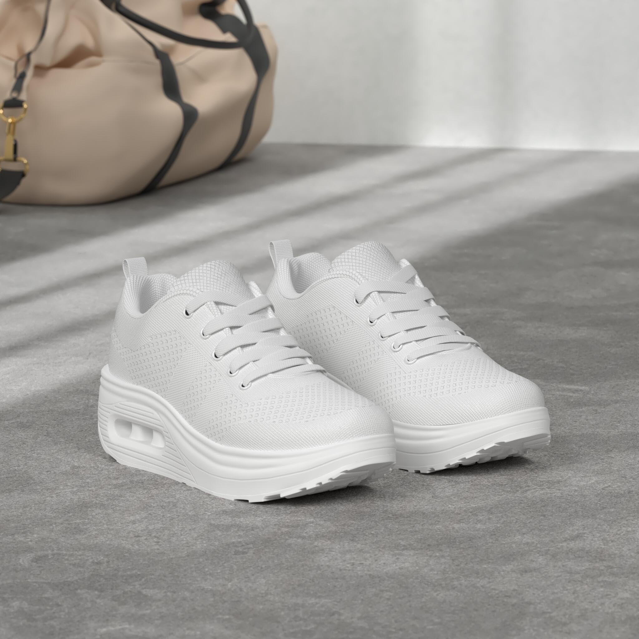 RUIDENG Rocker Bottom Shoes for Women Comfy | White Platform Sneakers Everyday Wear | 2 Inch Thick Sole with Air Cushion Size 6.5