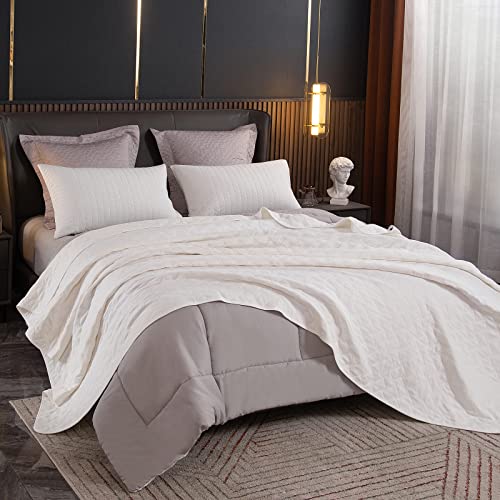 ACCOTIA 100% Cotton Quilt Blanket for Bed Couch Sofa 78"x90", Soft Breathable Queen Size 6 Layers Bed Blanket with Wave Jacquard for All Season (Wave Pattern, White)
