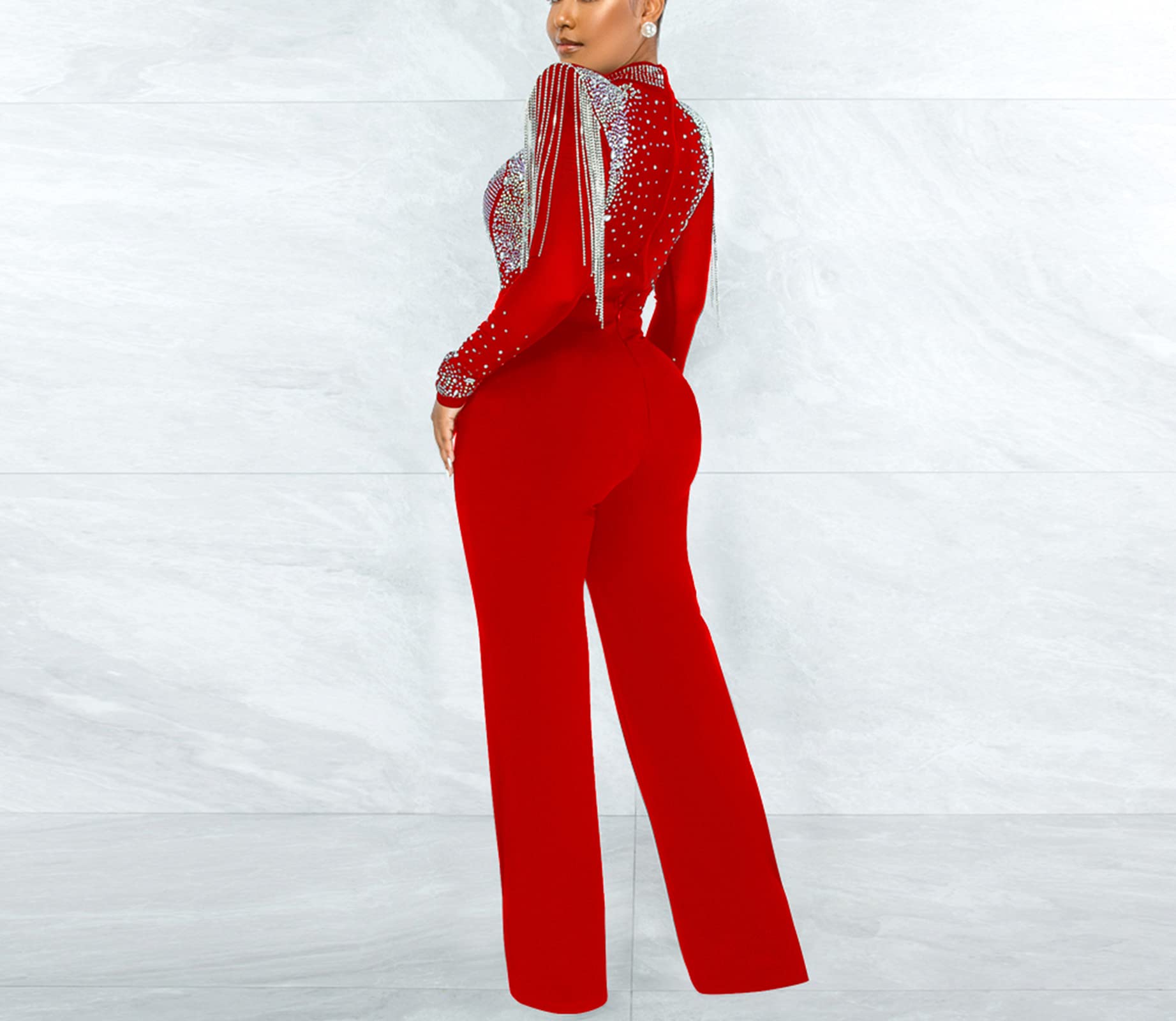 Molilove Women's Sexy Jumpsuit Elegant Long Sleeve Bodycon Sheer Mesh See Through Rhinestone Casual Loose Jumpsuits
