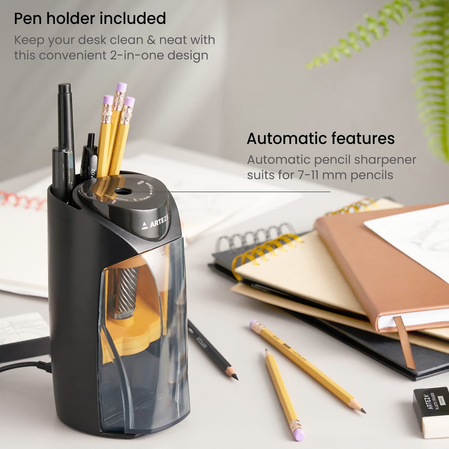 Arteza Electric Pencil Sharpener, Black, Fits 7–11-mm Pencils, Auto-Stop, Office Supplies for Teachers, Students, Classrooms, and Art Studios
