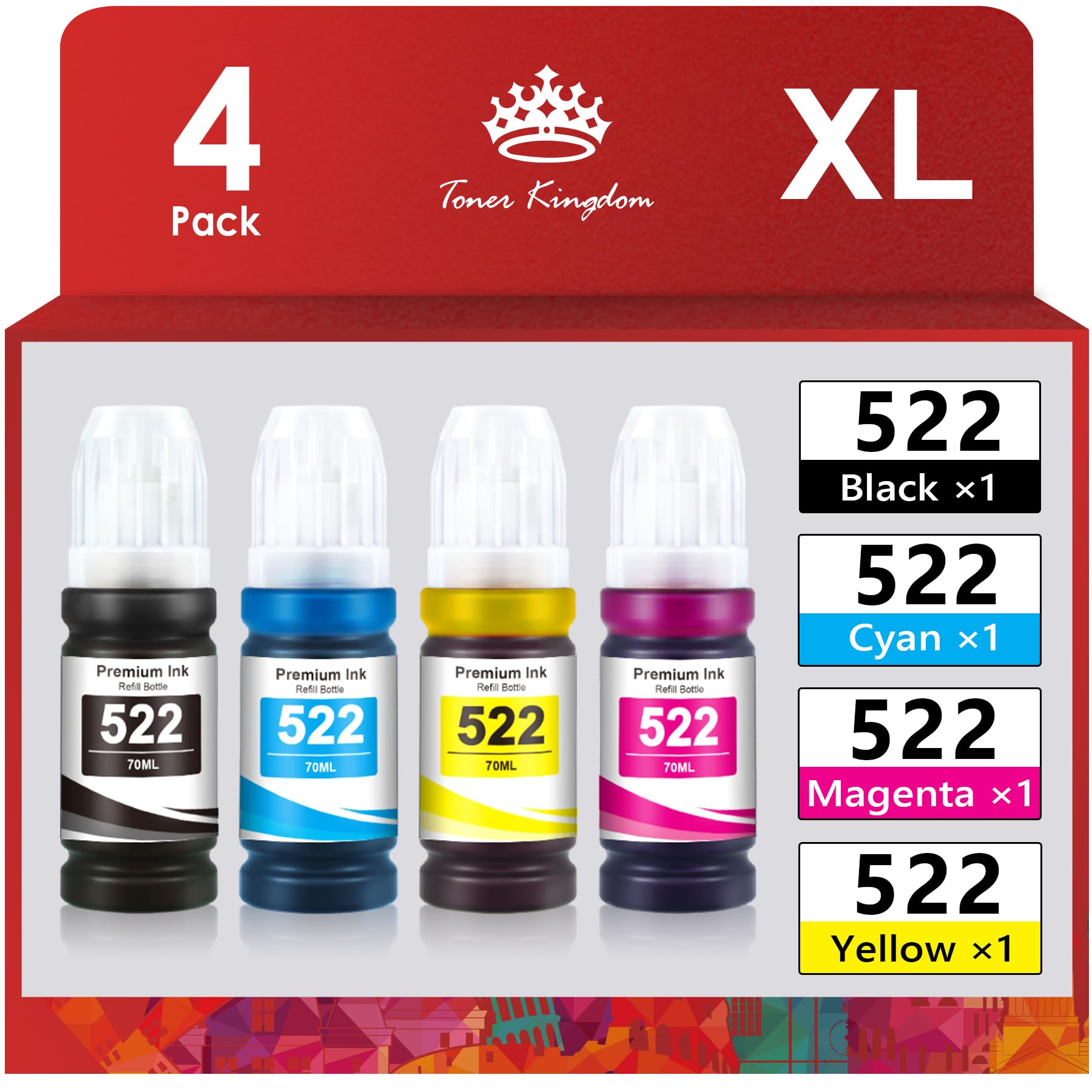 Toner Kingdom Compatible 522 Ink Bottle Refill High Capacity T522 Refill Ink Bottle for ET-2720 ET-4700 Printer (4 Pack, Black, Cyan, Magenta, Yellow)