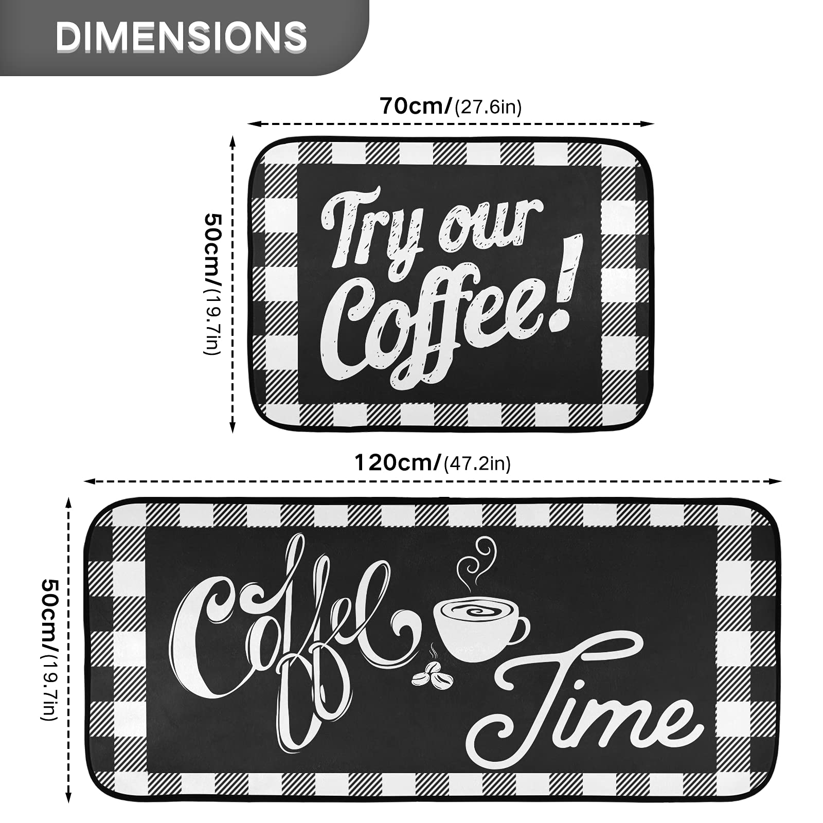 Buffalo Plaid Checked Coffee Time Kitchen Mat Set of 2 Anti-Fatigue Kitchen Rug Set Non Slip Washable Cushioned Memory Foam Kitchen Runner Rugs and Mats Comfort Mat for Farmhouse Doormat Bathroom