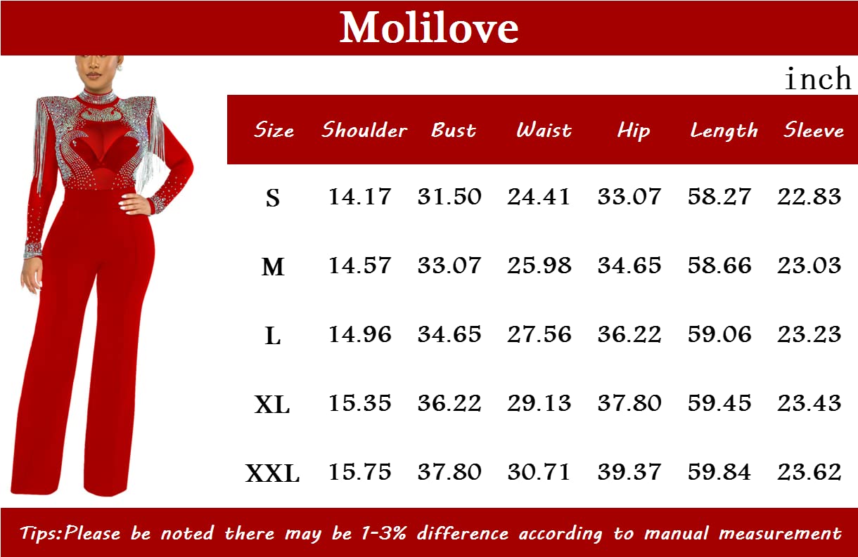 Molilove Women's Sexy Jumpsuit Elegant Long Sleeve Bodycon Sheer Mesh See Through Rhinestone Casual Loose Jumpsuits