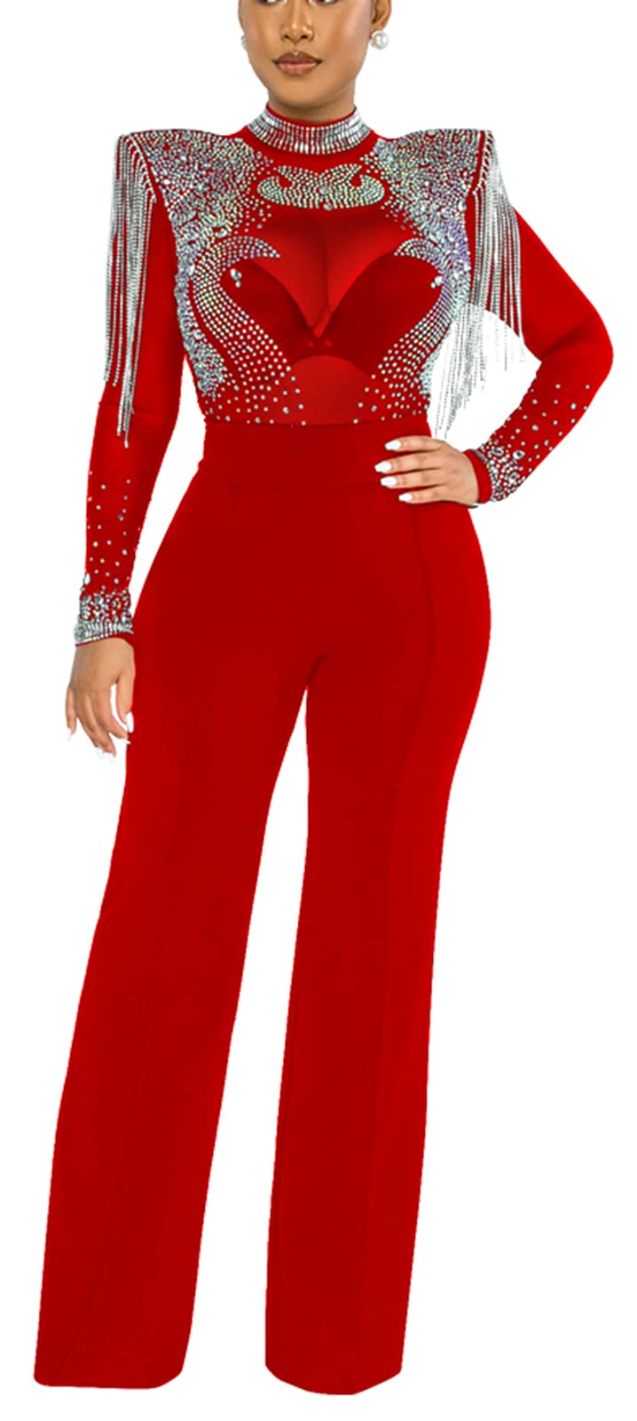 Molilove Women's Sexy Jumpsuit Elegant Long Sleeve Bodycon Sheer Mesh See Through Rhinestone Casual Loose Jumpsuits
